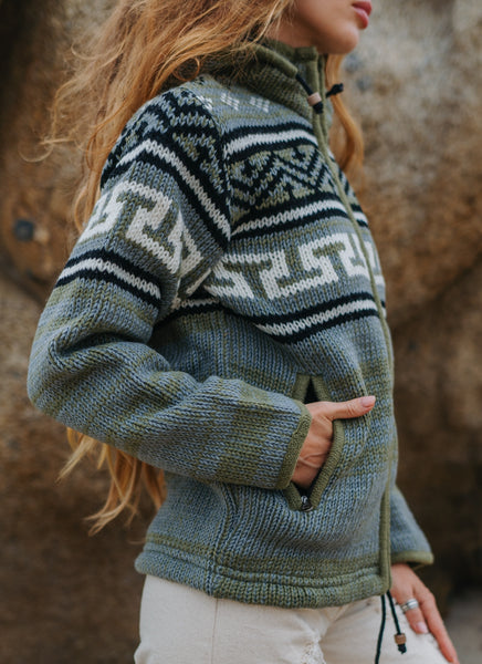 Wool Jacket - Aztec Pattern - Olive Green | KarmicChameleon